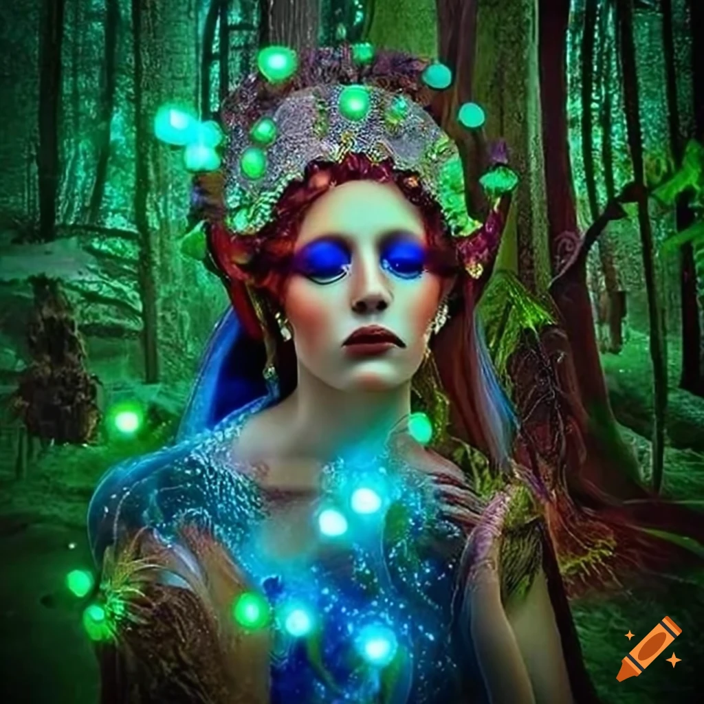 Fantasy meets reality in illuminated forests with vibrant lights and ...