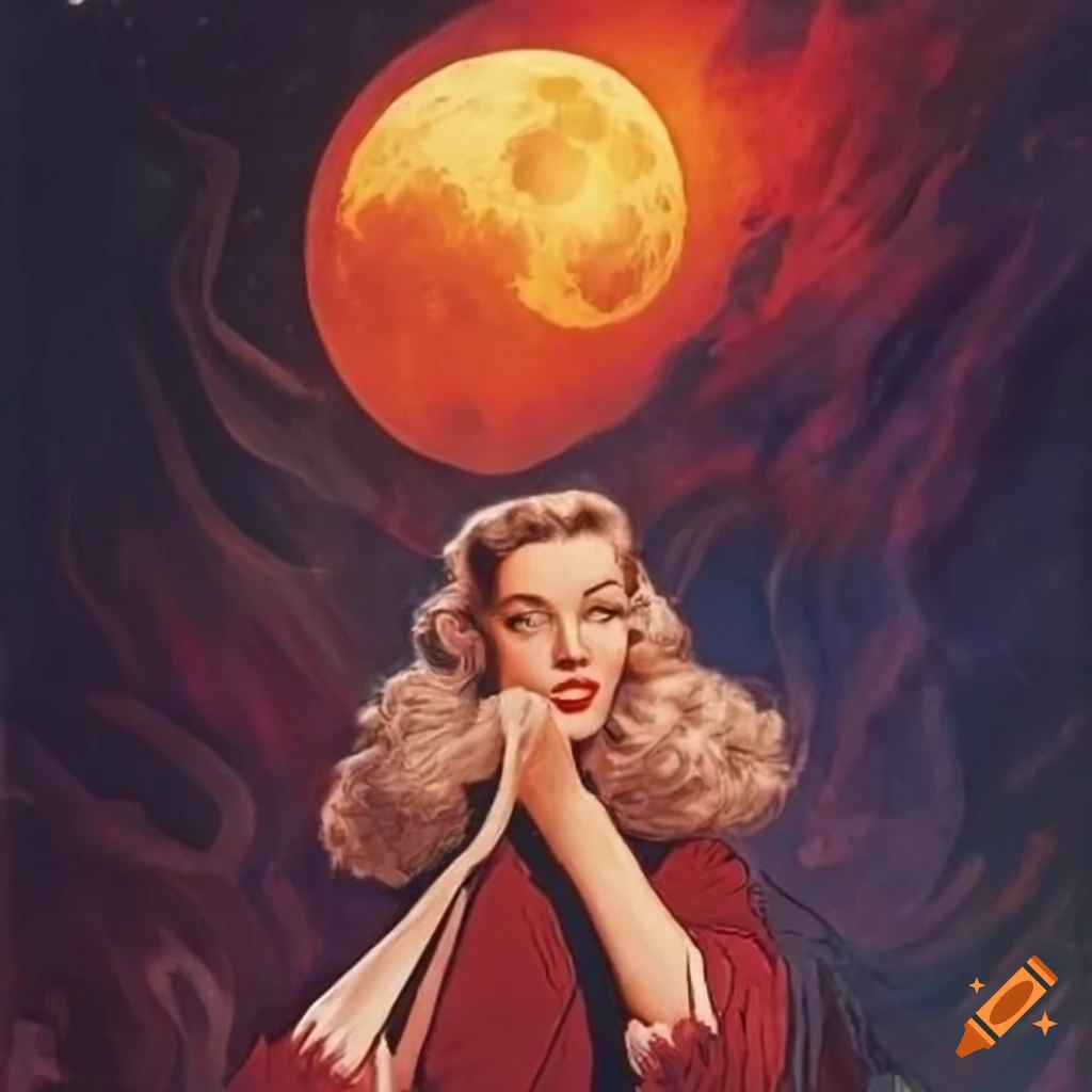 Lauren Bacall with fire sickle by Norman Rockwell and ukiyo-e moon with ...