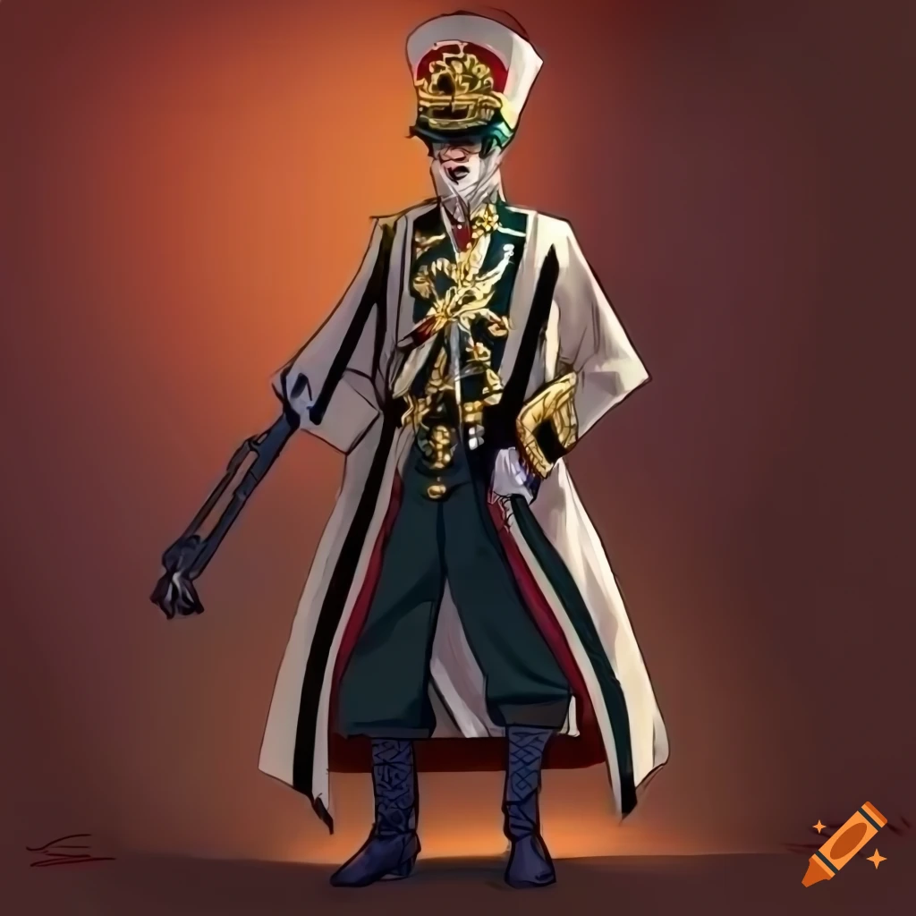 Anime style illustration of a benevolent old military general in royal ...