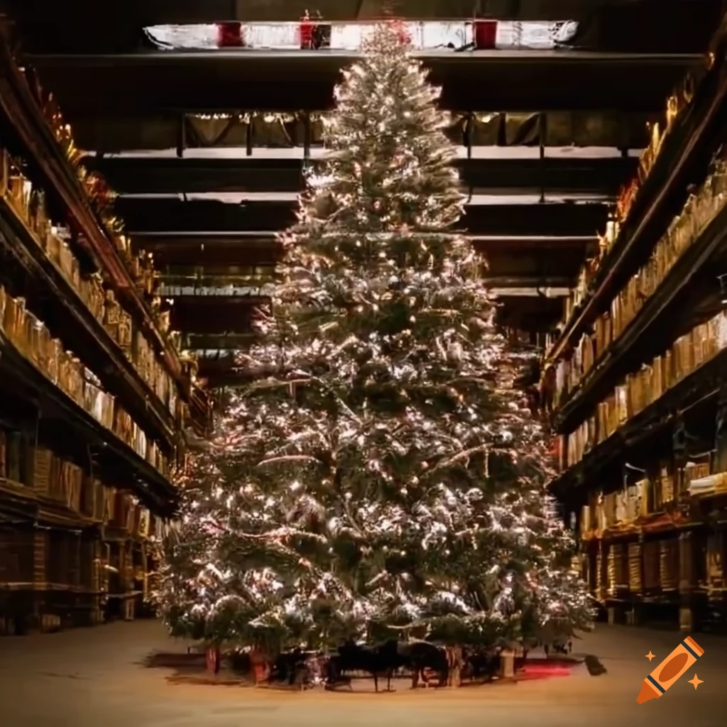 Spacious warehouse with christmas trees in 4k for new year celebration ...