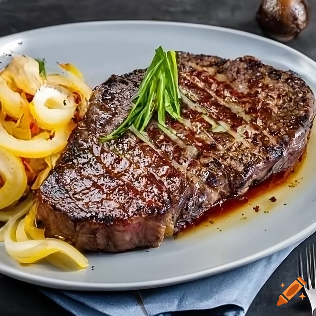 Steak with onions, seasoned on Craiyon