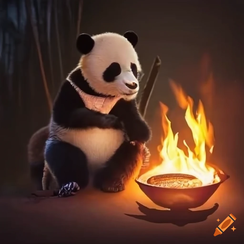 Happy panda in kimono drinking green tea by bonfire in bamboo forest on ...