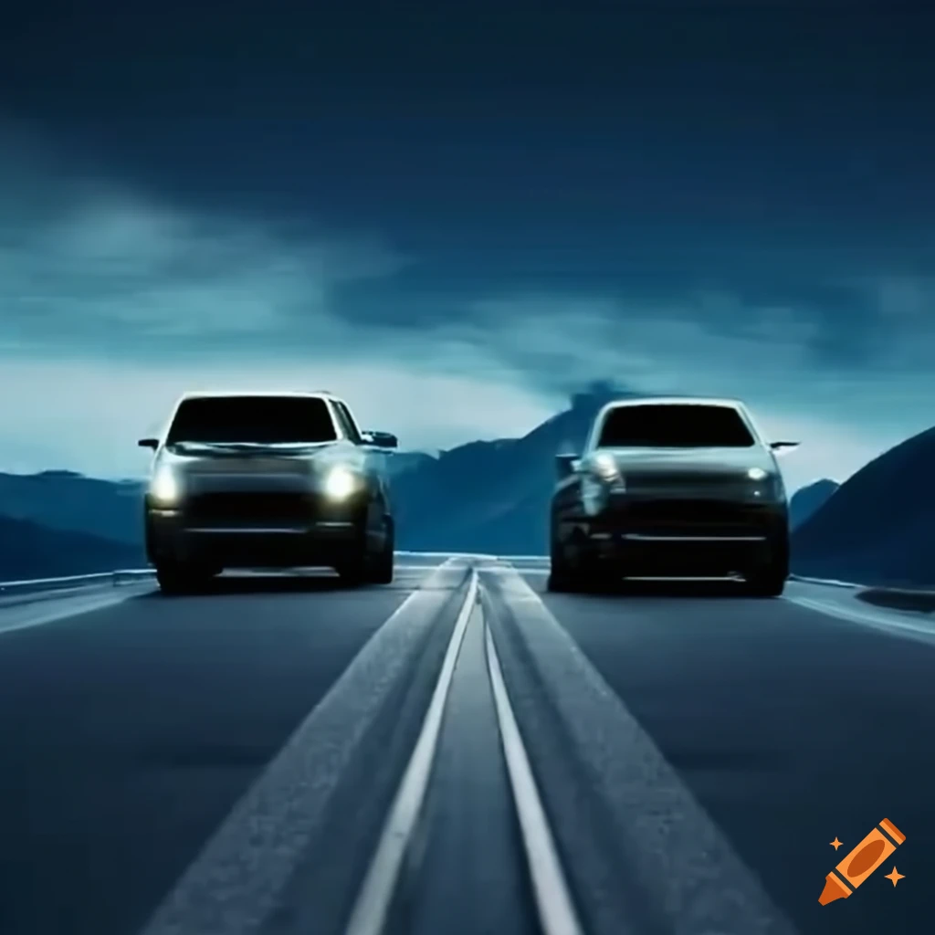 Two cars racing on a long road on Craiyon