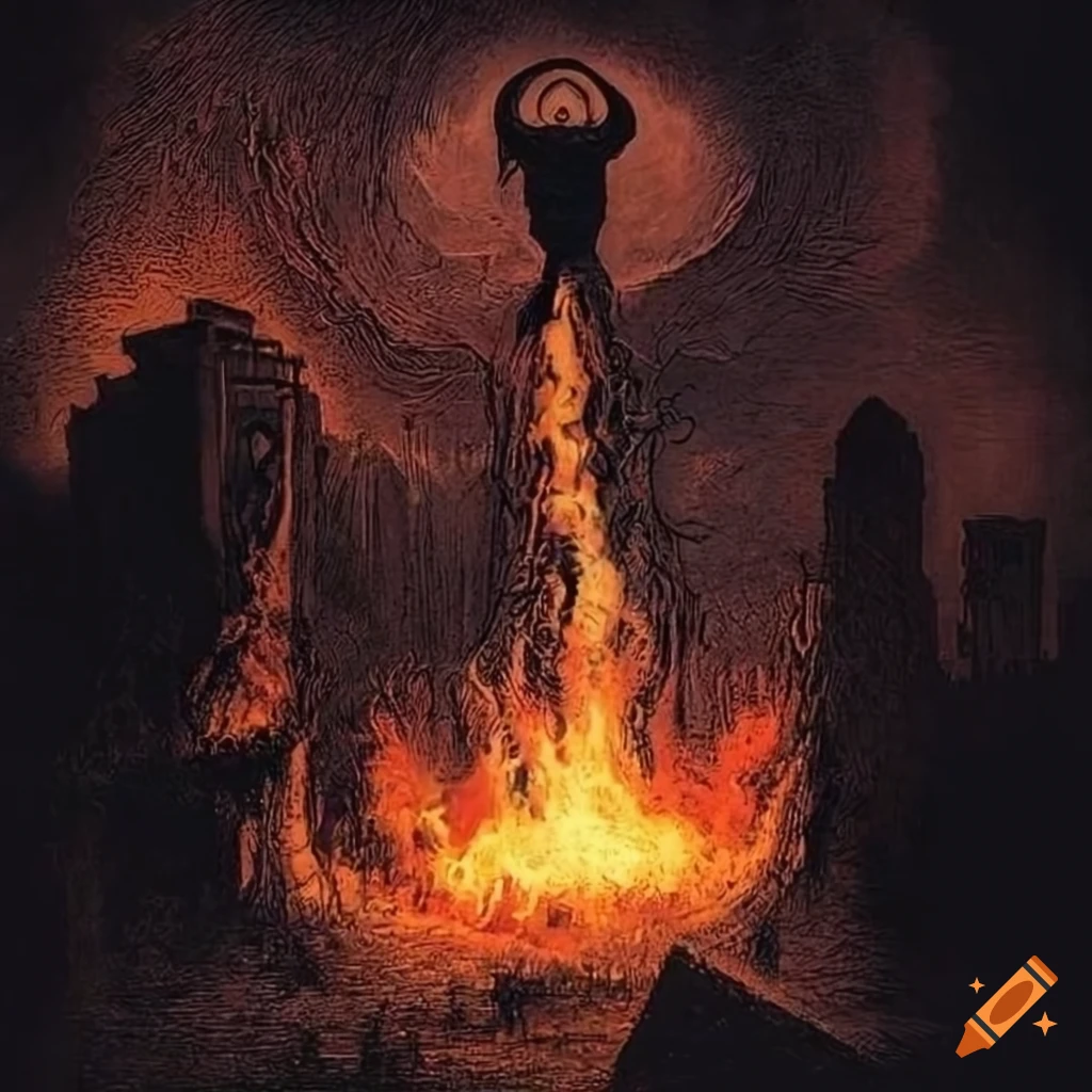 Phonk cover art for 'burn me: a city on fire' by gustave doré on Craiyon