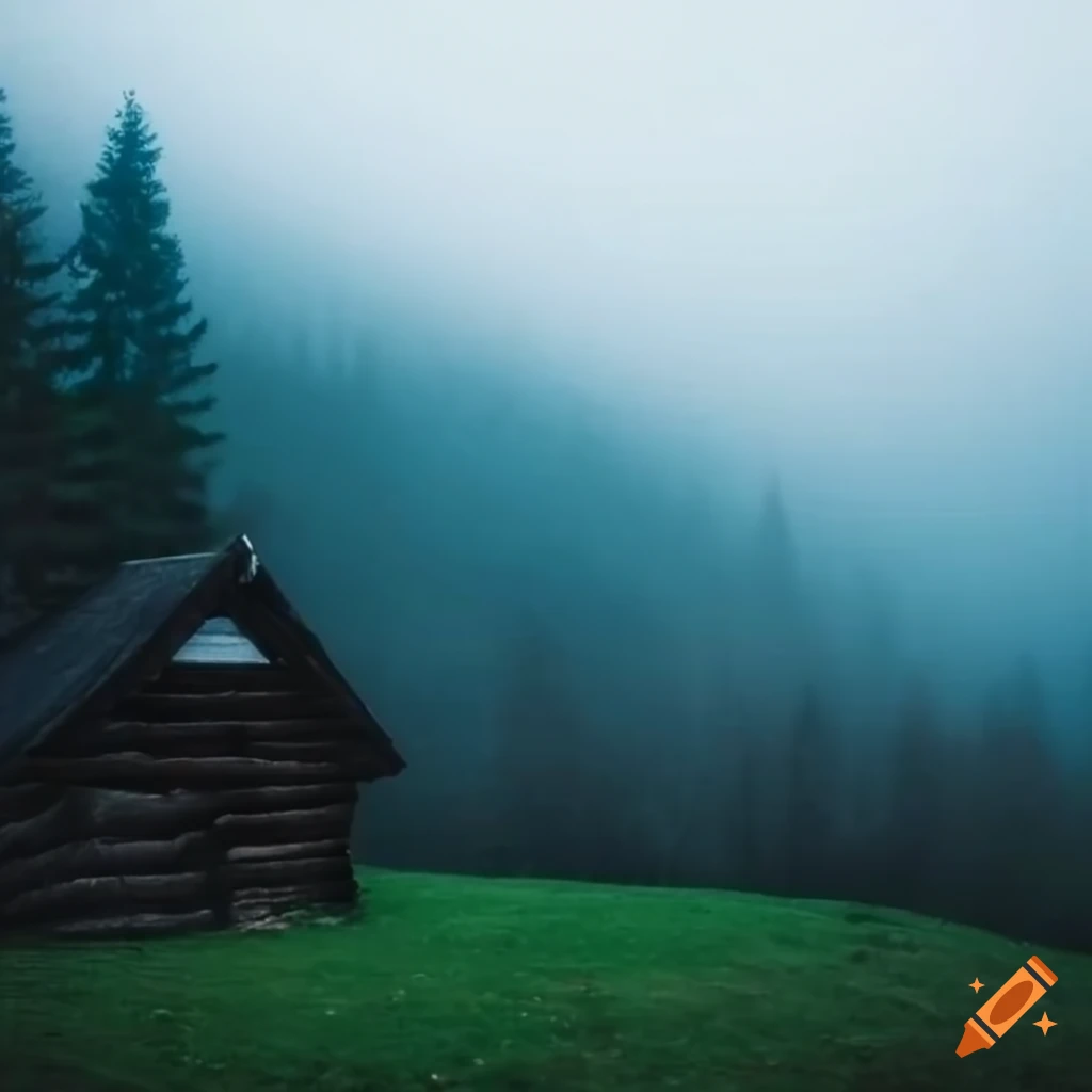 Rustic log cabin with misty forest and distant mountains on Craiyon
