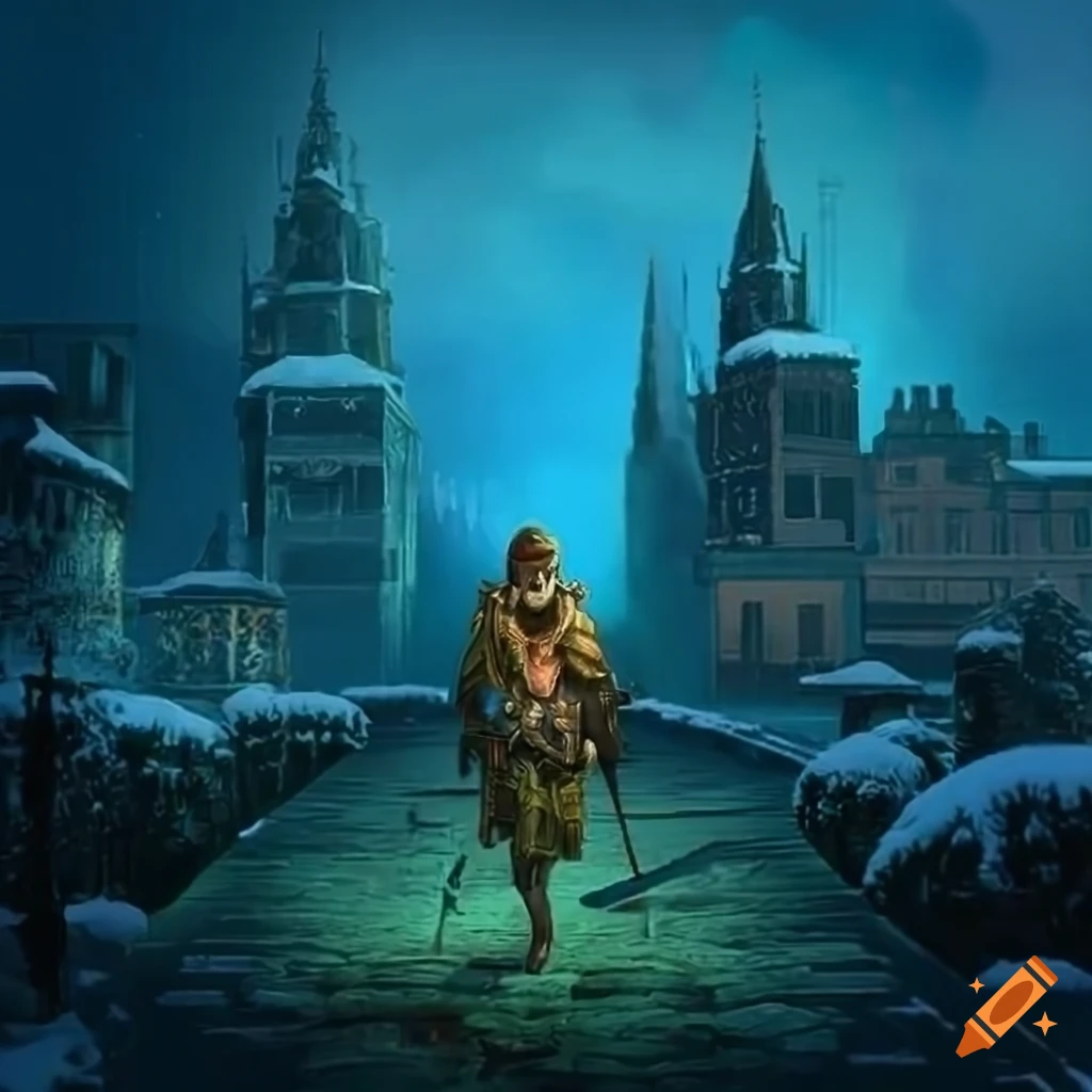 Lone adventurer entering a medieval city bordering snow lands on Craiyon