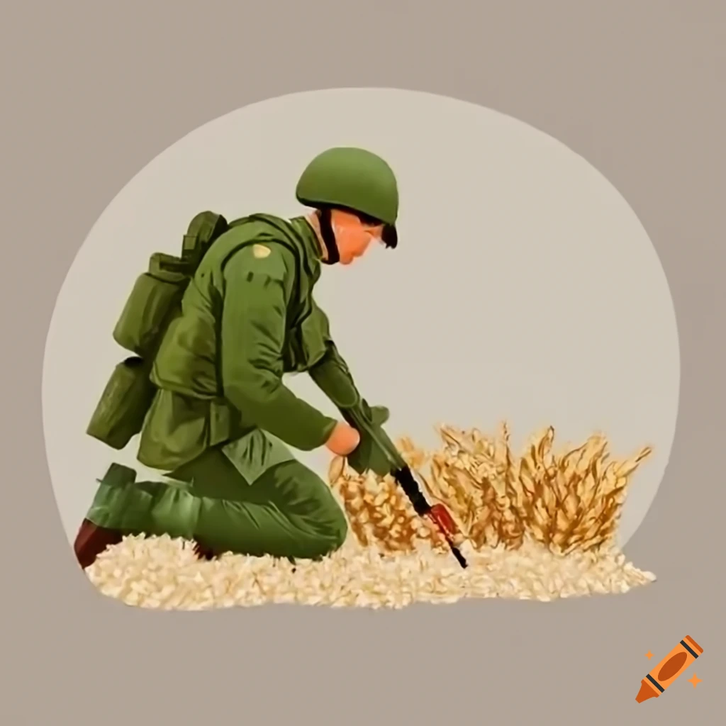 Soldier kneeling in a wheat field with a military color palette on Craiyon