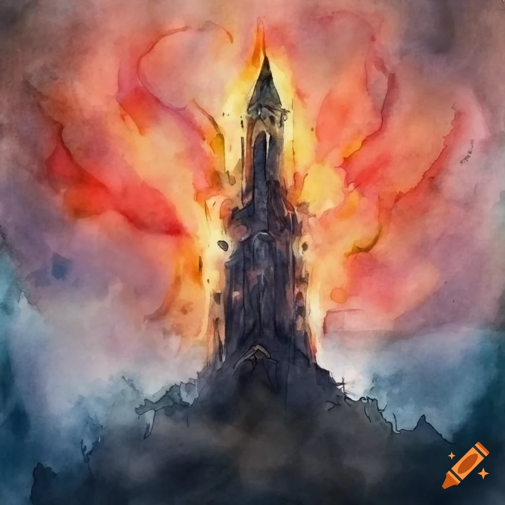 Watercolor of heide's tower of flame from dark souls 2 on Craiyon