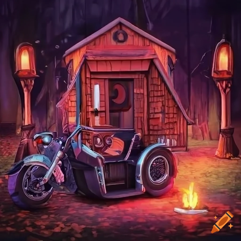 Anime style magical shed with Harley Davidson three-wheeled motorbike ...