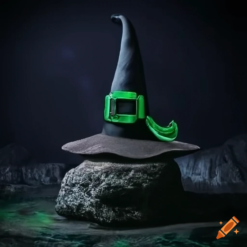 Black witch hat with green buckle in an enchanted cave on Craiyon