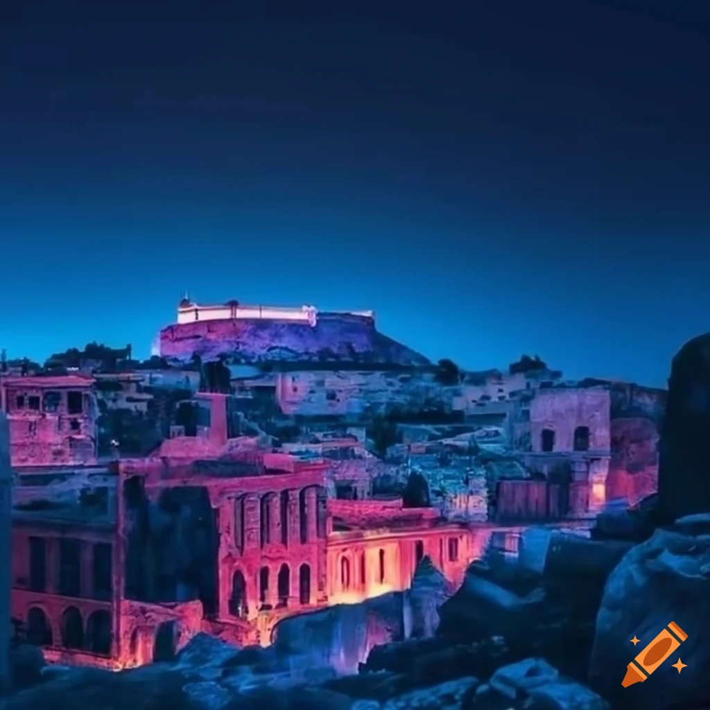 Neon-lit cityscape of ancient ruins in greece on Craiyon