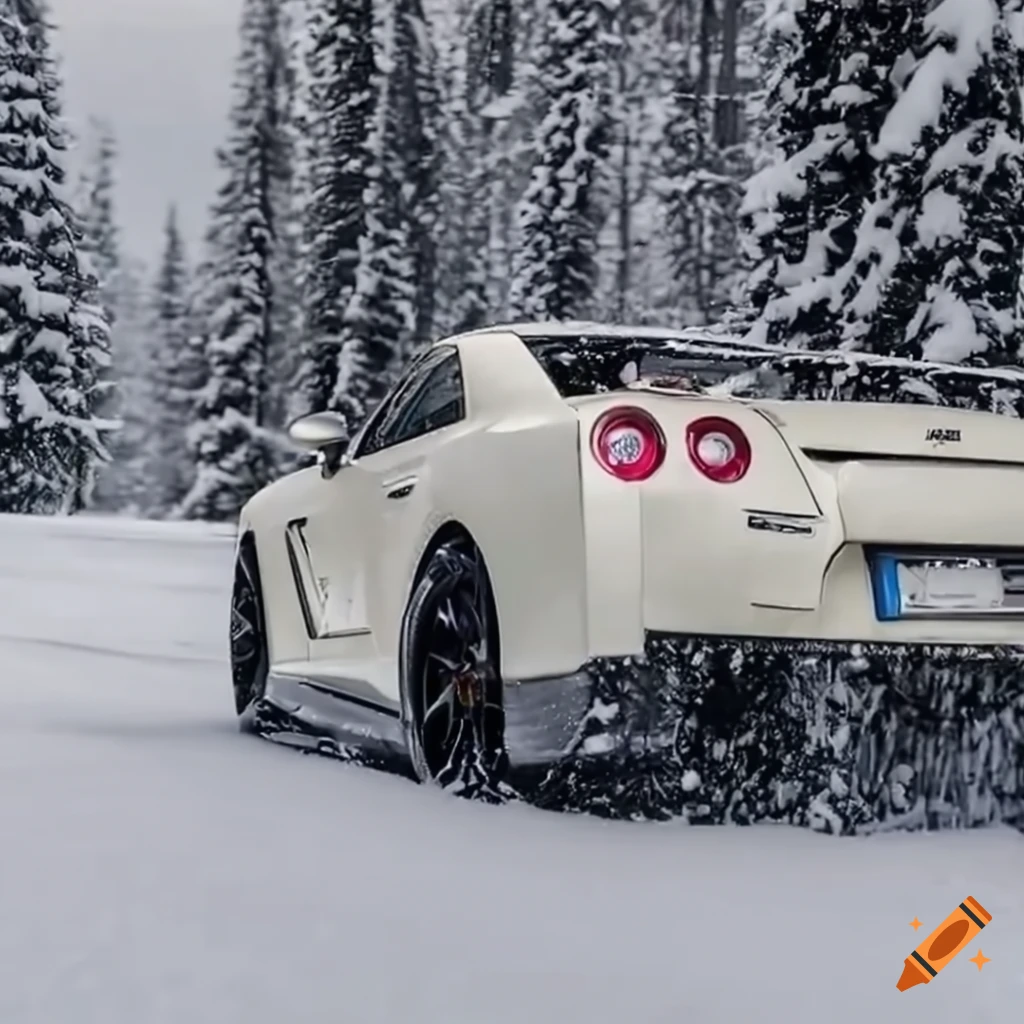 Nissan gtr car driving in snowy conditions on Craiyon