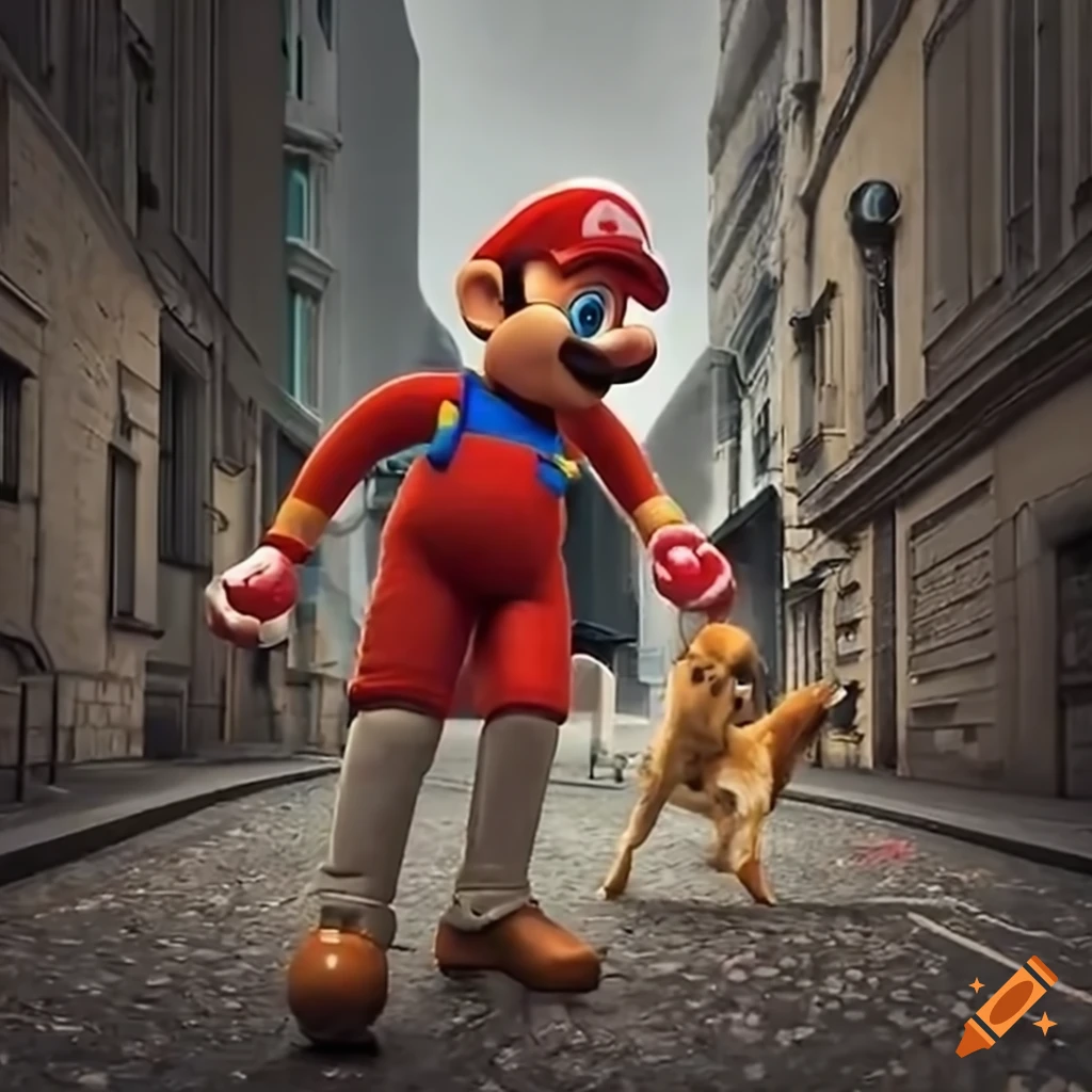 Mario bros walking a dog through the streets of a destroyed city on Craiyon