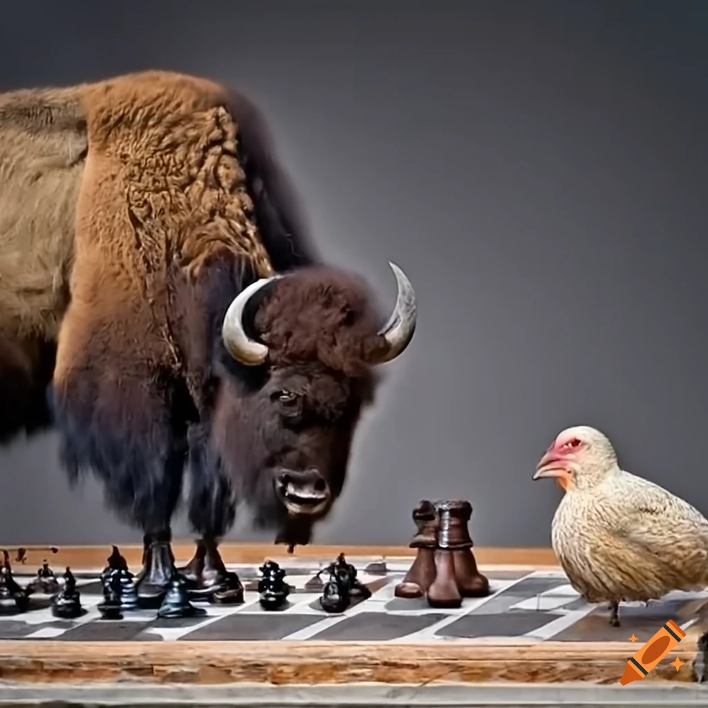Bison and hen playing chess on Craiyon
