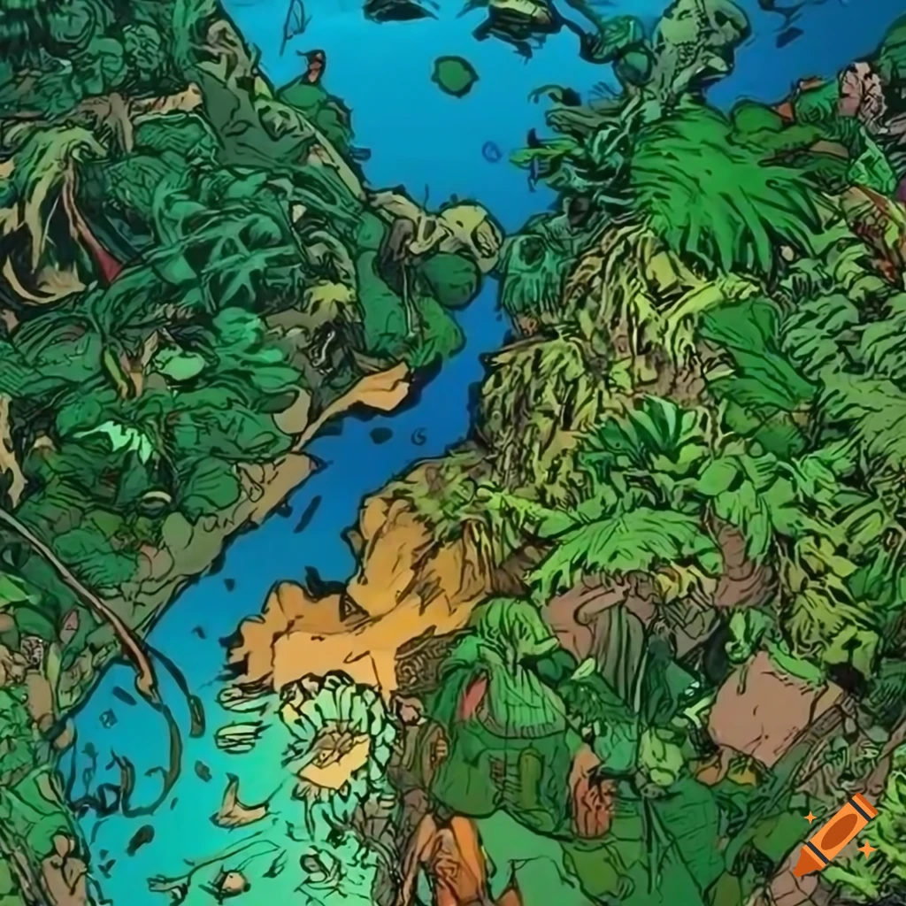 Tropical jungle in comic style by moebius from a bird's eye view on Craiyon