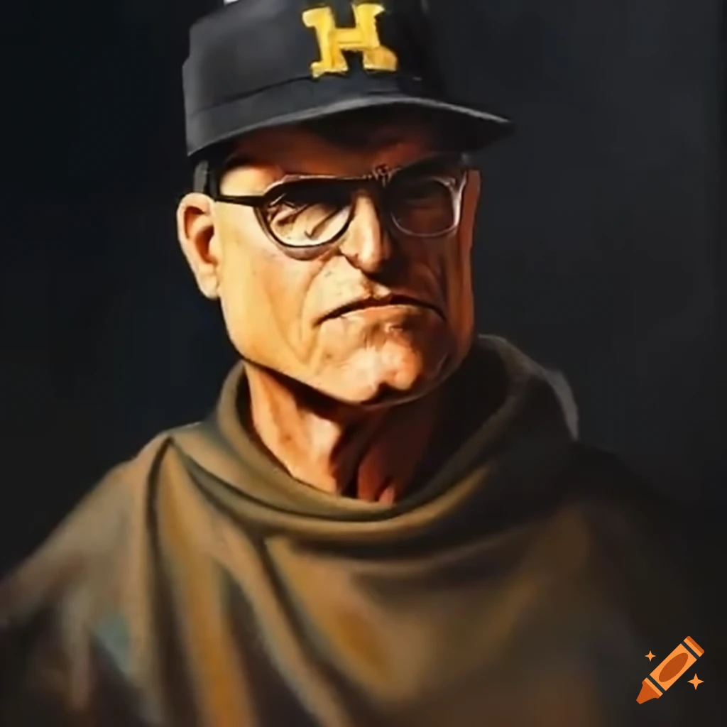 Jim harbaugh smiling with a jack hammer and no hat on Craiyon