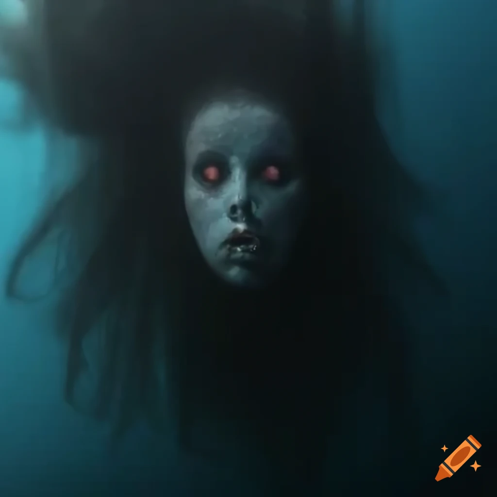 Woman with hair floating in a terrifying manner on Craiyon