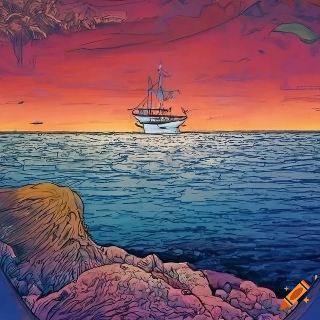 Ship on the horizon in a surreal comic-style painting on Craiyon