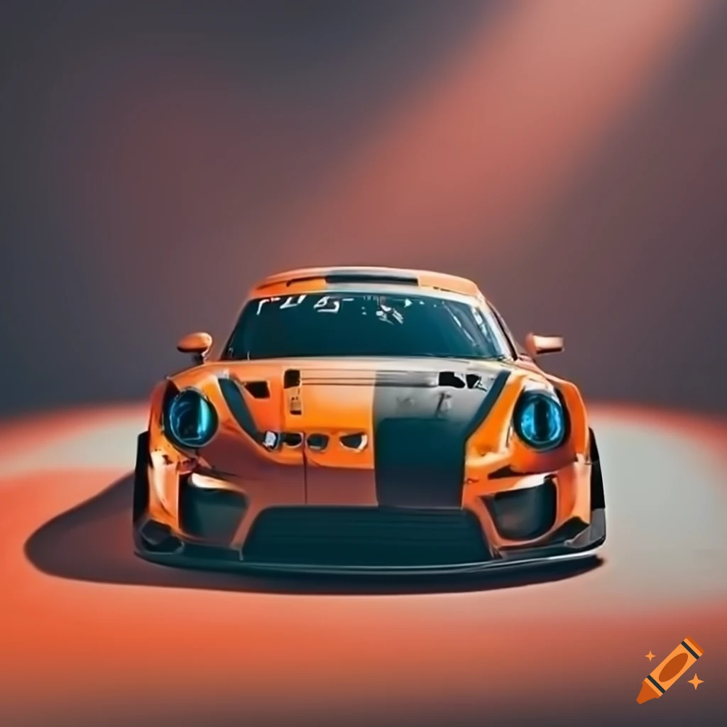 Orange and black gt3 race car with a chequered flag in the background ...