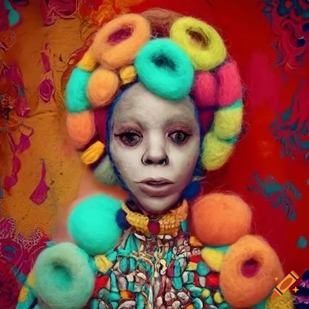 Felted wall creatures wearing intricate outfits with an african style ...