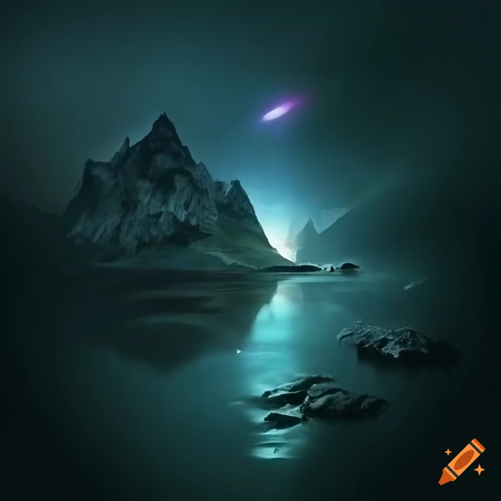 Floating chunks of land connected by strands of light on Craiyon