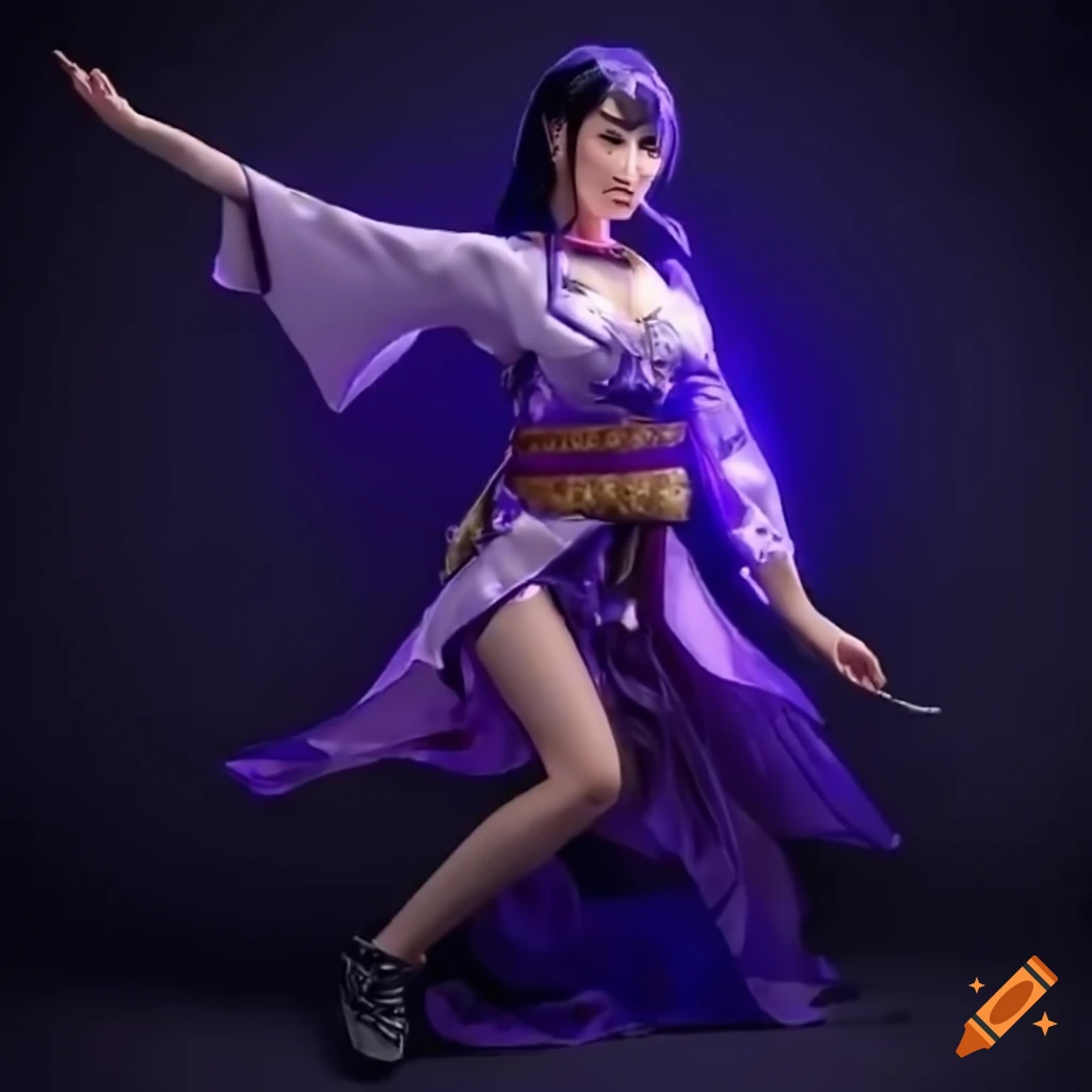 Raiden shogun dancing with a baguette on Craiyon