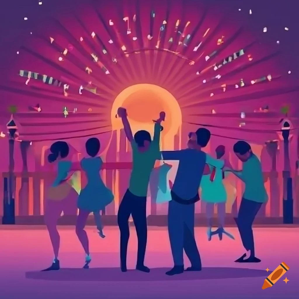 Colorful shot of people dancing in the town plaza on a fiesta night on ...