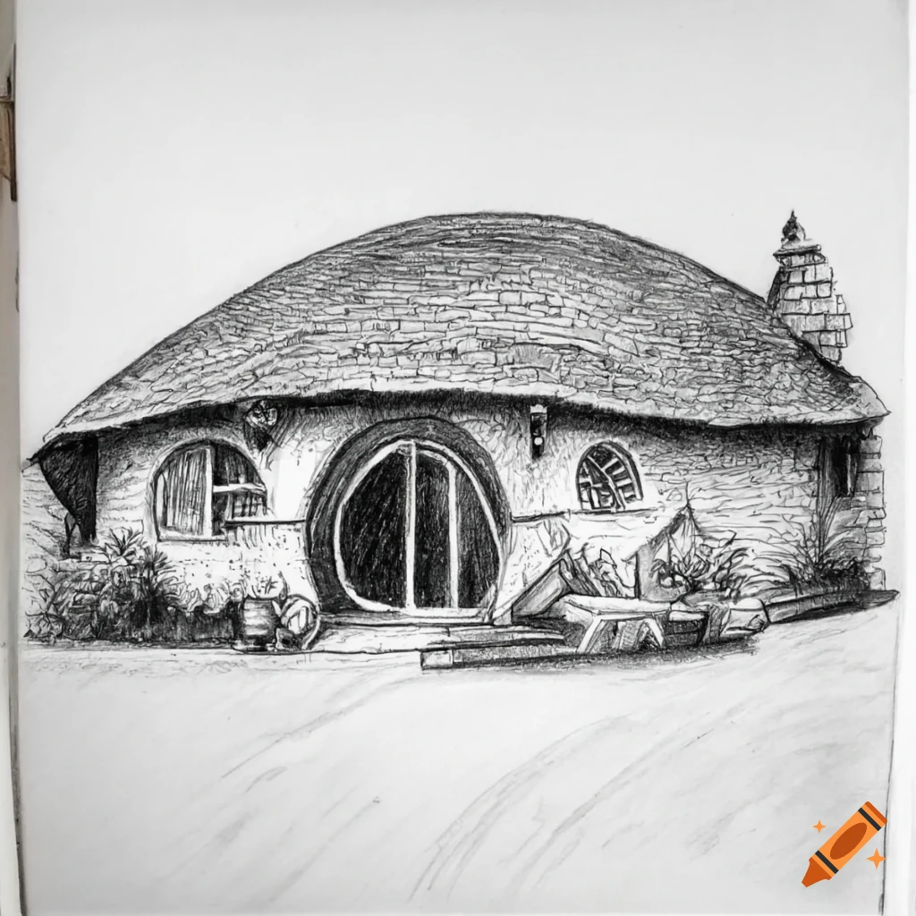 Hobbit house pencil drawing in black and white on a sheet on Craiyon