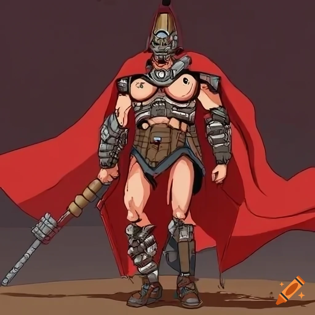 Cyborg gladiator with red cape in highly detailed cartoon style on Craiyon