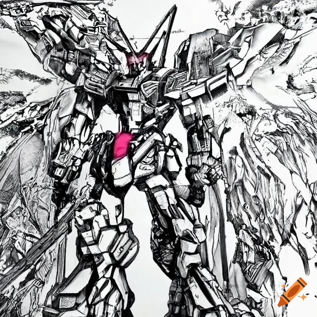 Detailed pen and ink drawing of Gundam Unicorn on Craiyon