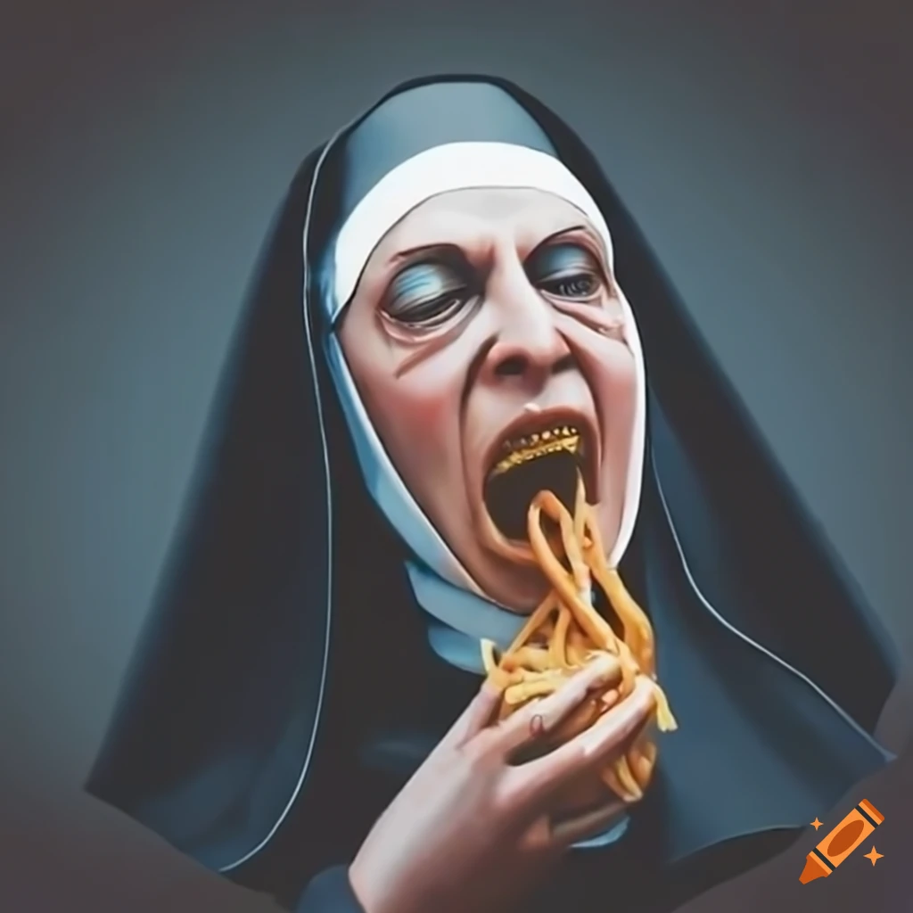 Nun enjoying a plate of spaghetti on Craiyon