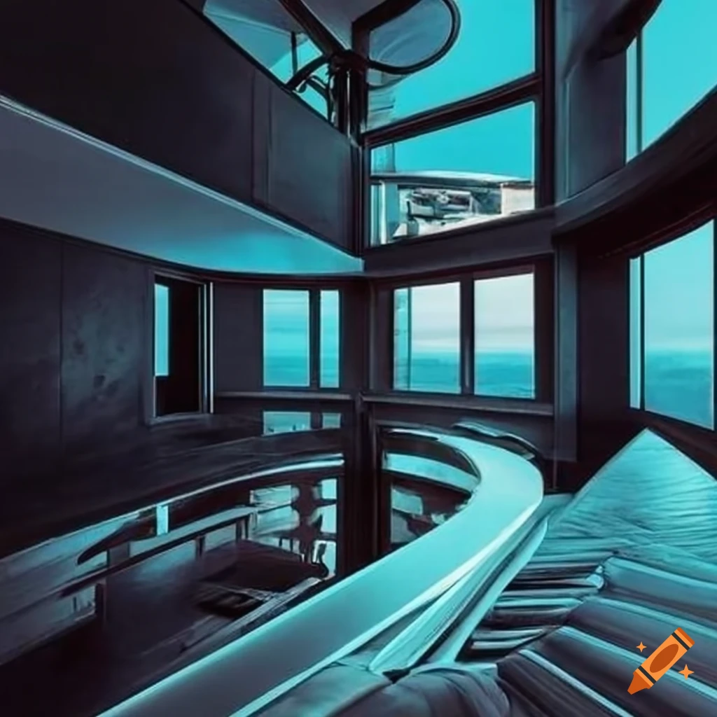 Dark-themed 80s penthouse with floor-to-ceiling windows on Craiyon