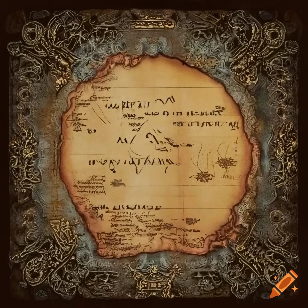 Intricate medieval treasure map with symbolic illustrations on Craiyon