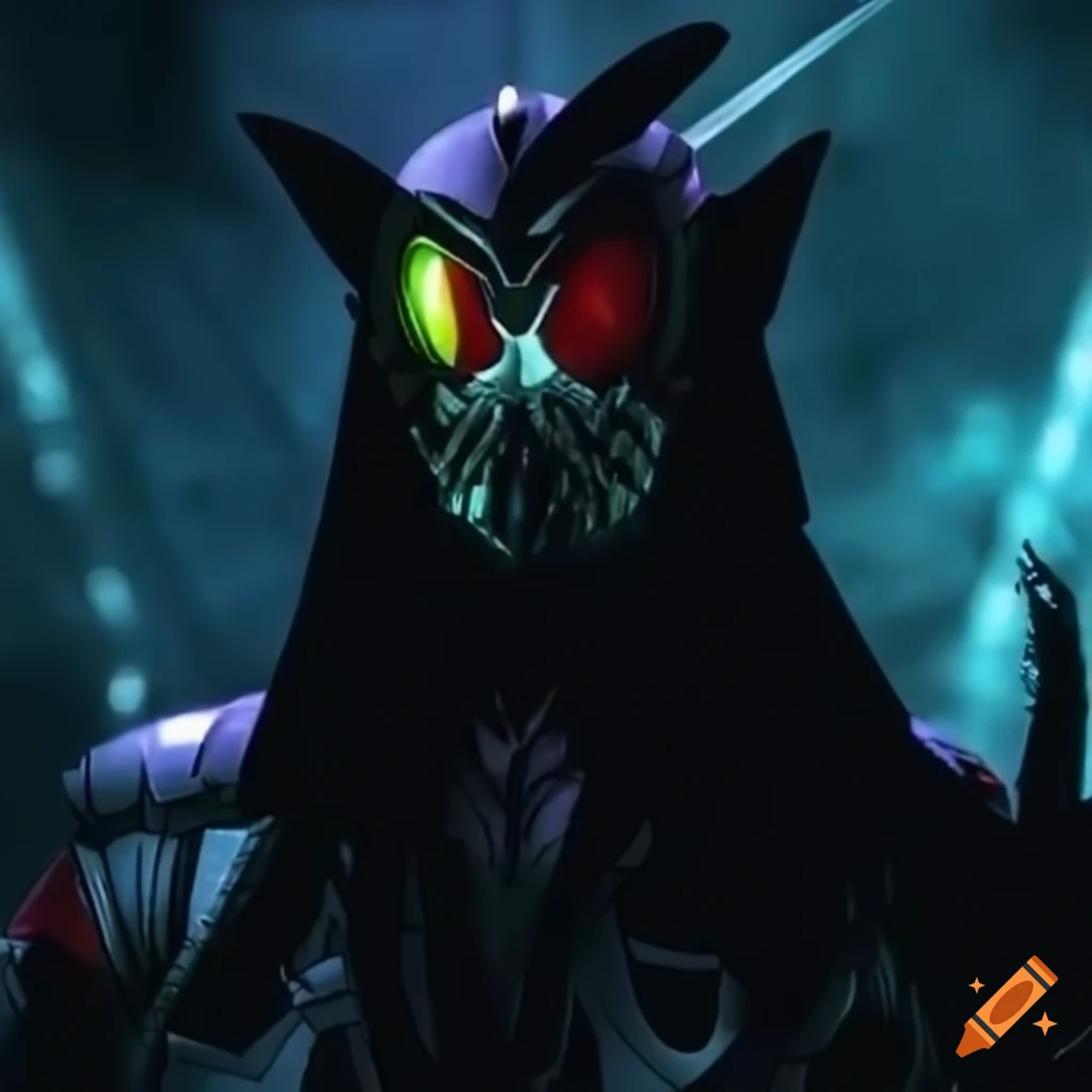 Kamen rider in an epic battle in a dark, gothic setting on Craiyon
