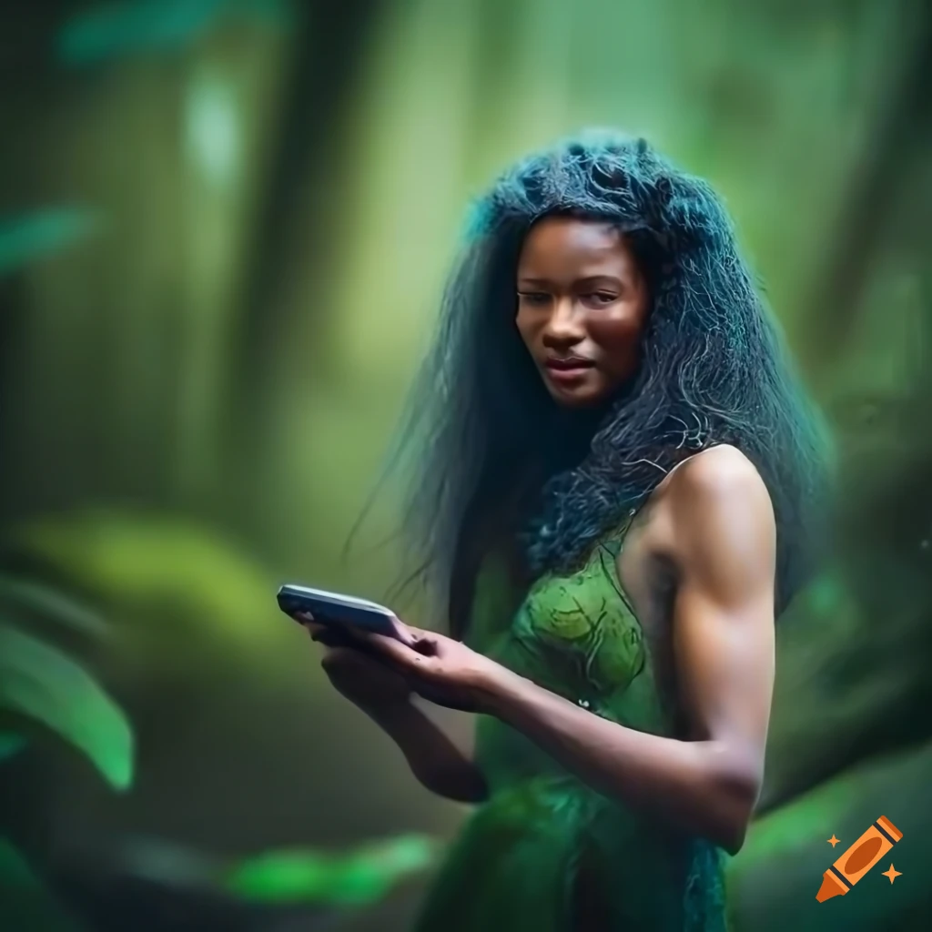 Happy older woman using smartphone in a lush rainforest on Craiyon