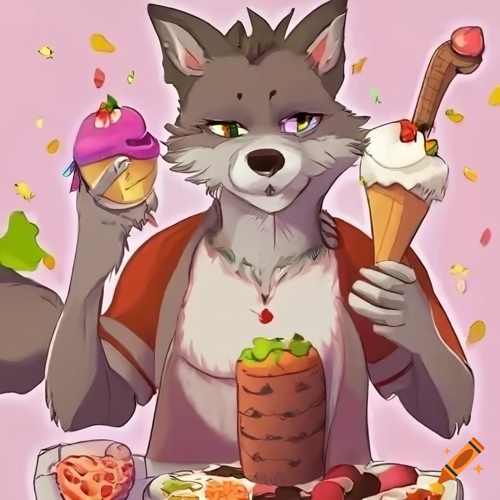 Adorable wolf character enjoying a feast of fruit and ice cream in ...