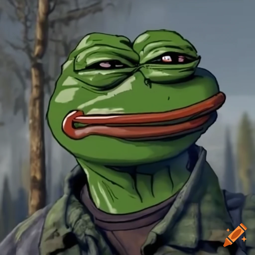 Pepe the frog as a Dayz survivor facing zombie horde on Craiyon