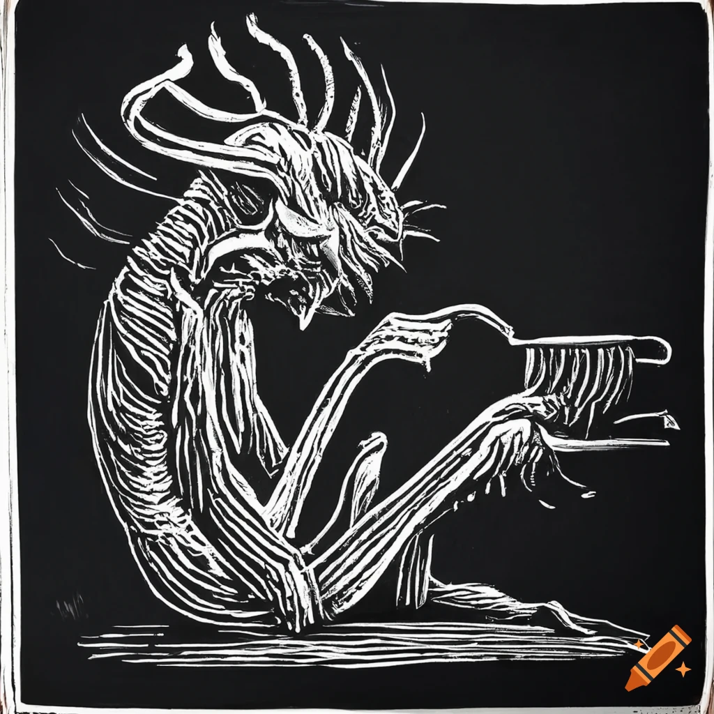 Hell creature enjoying a cup of tea in black and white linocut on Craiyon