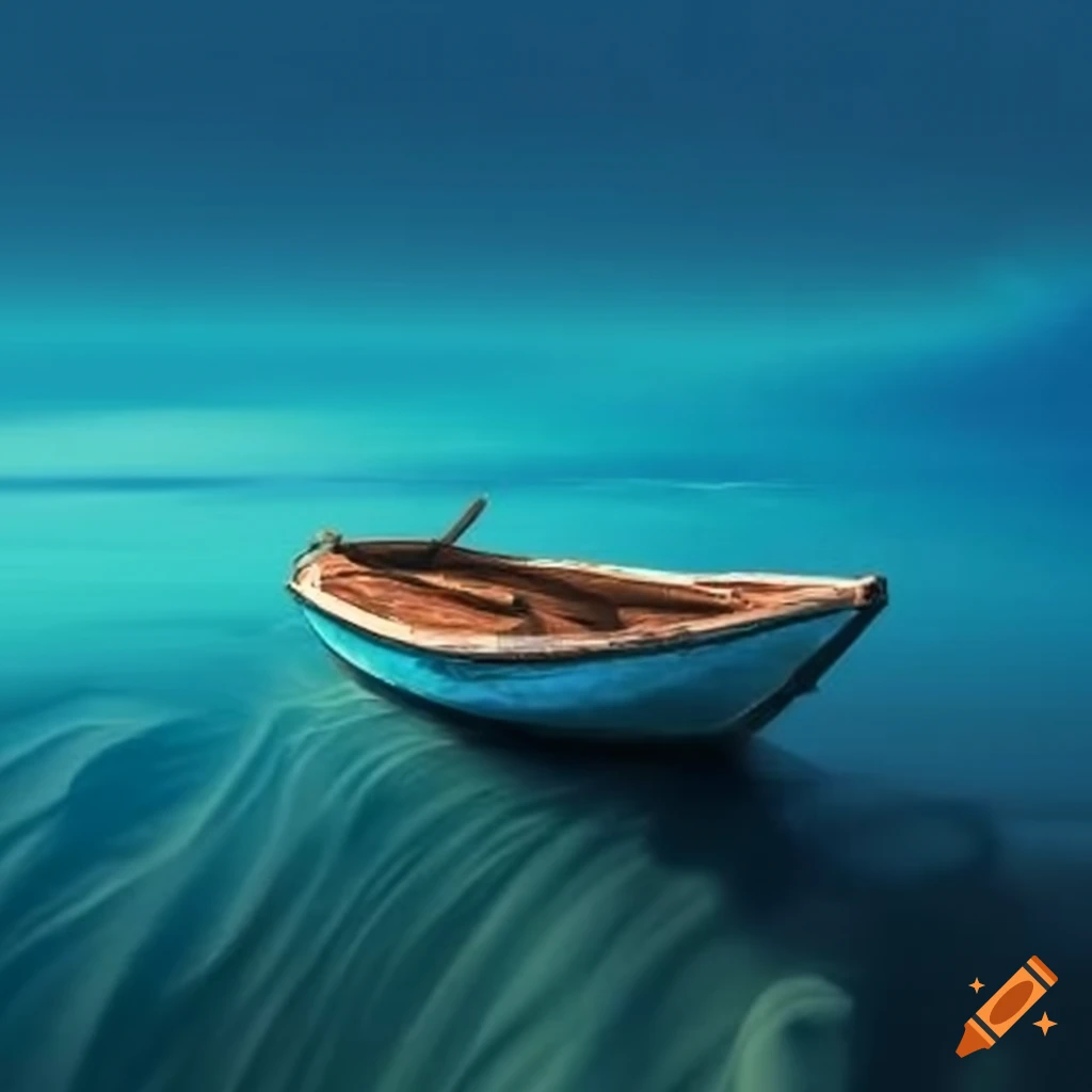 Small adrift boat with "MI MI MI" printed on the side, in the ocean on ...