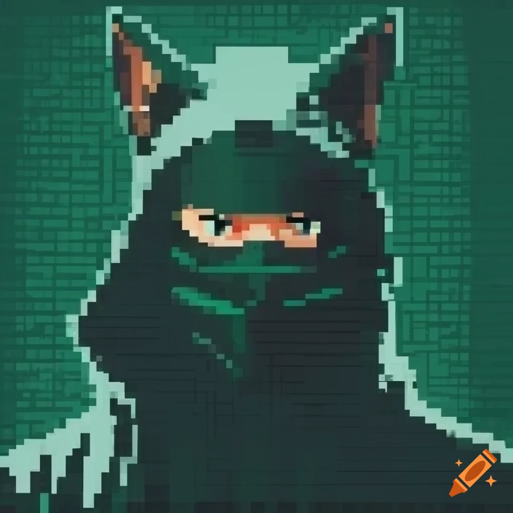 Fox with ninja mask in pixel art with dark green and blue matrix code ...