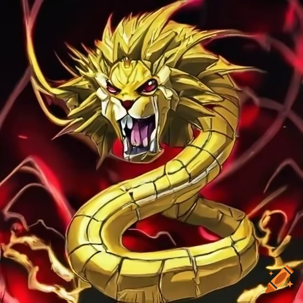 Golden serpent with lion's head roaring and red eyes on Craiyon