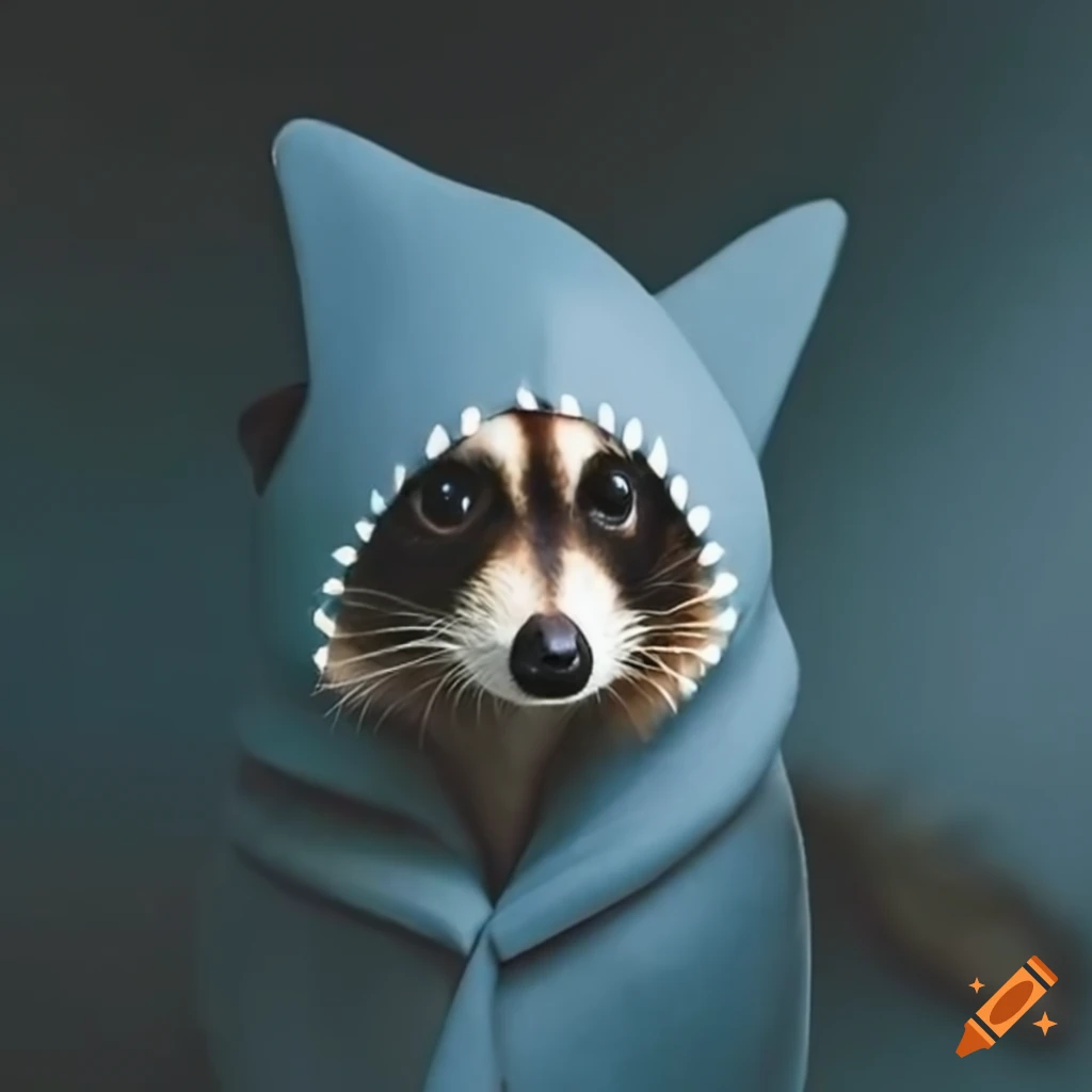 Raccoon wearing a shark costume on Craiyon