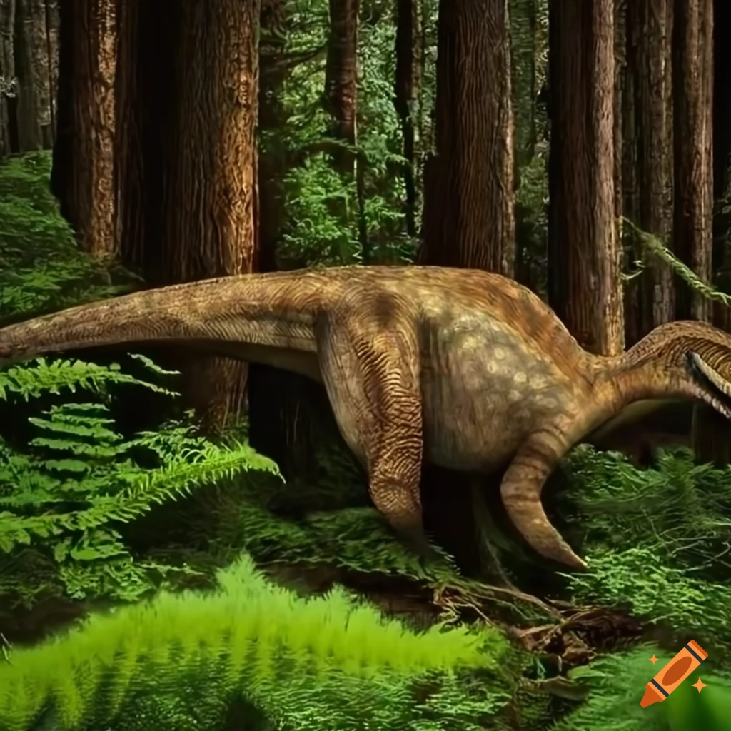 Feathered dinosaur in a cedar forest with fallen trees and fern undergrowth in the morning light ...