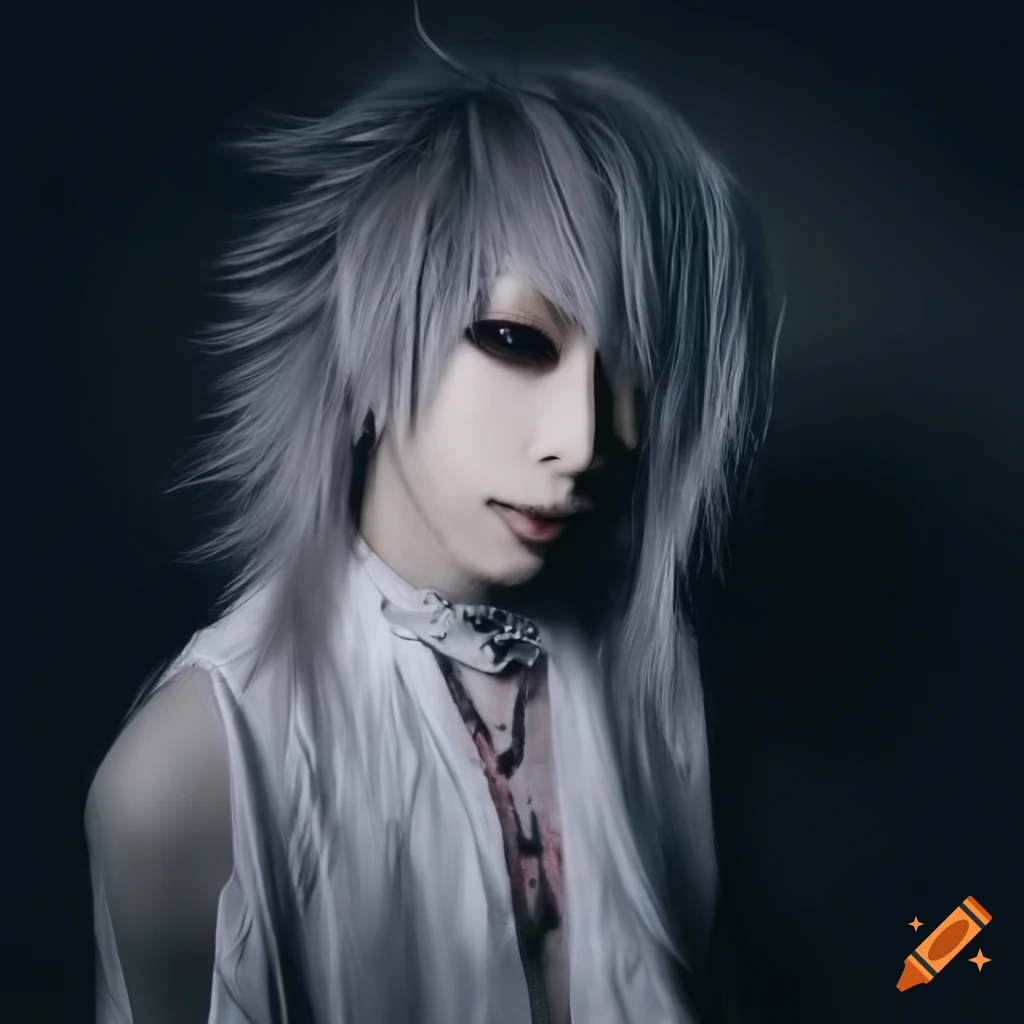 Japanese visual kei singer with long grey hair and detailed white shirt ...