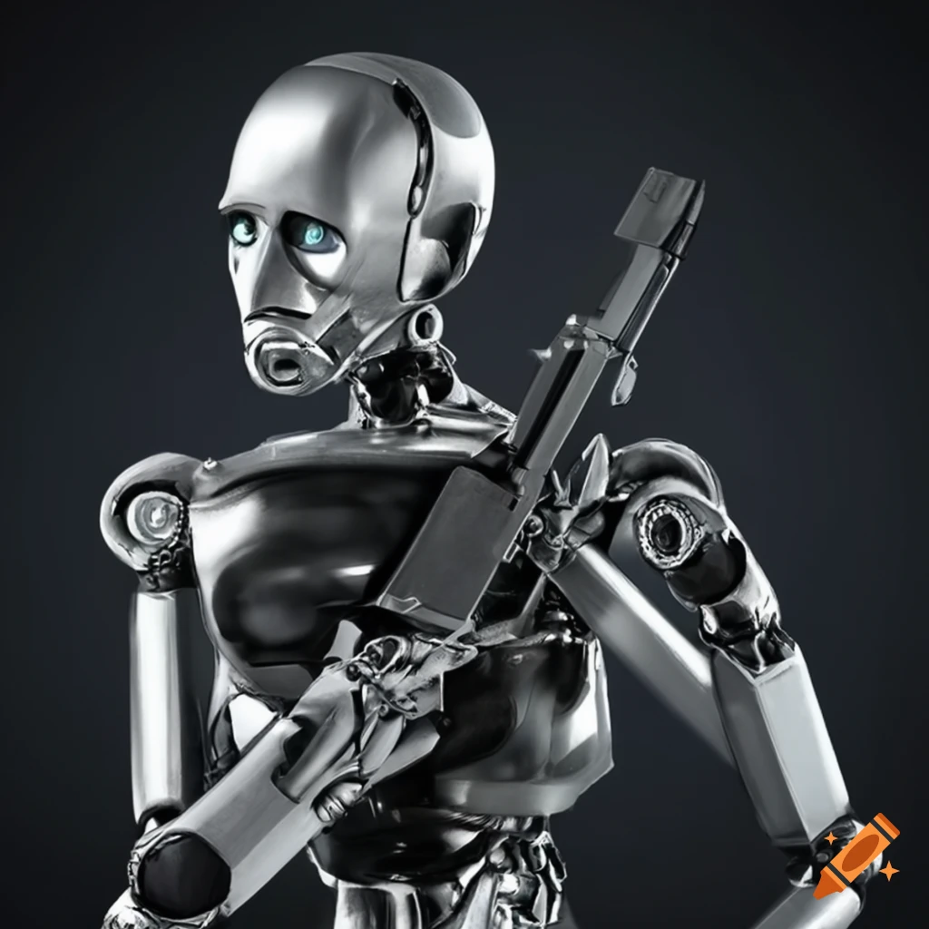 Silver humanoid robot holding a gun on Craiyon