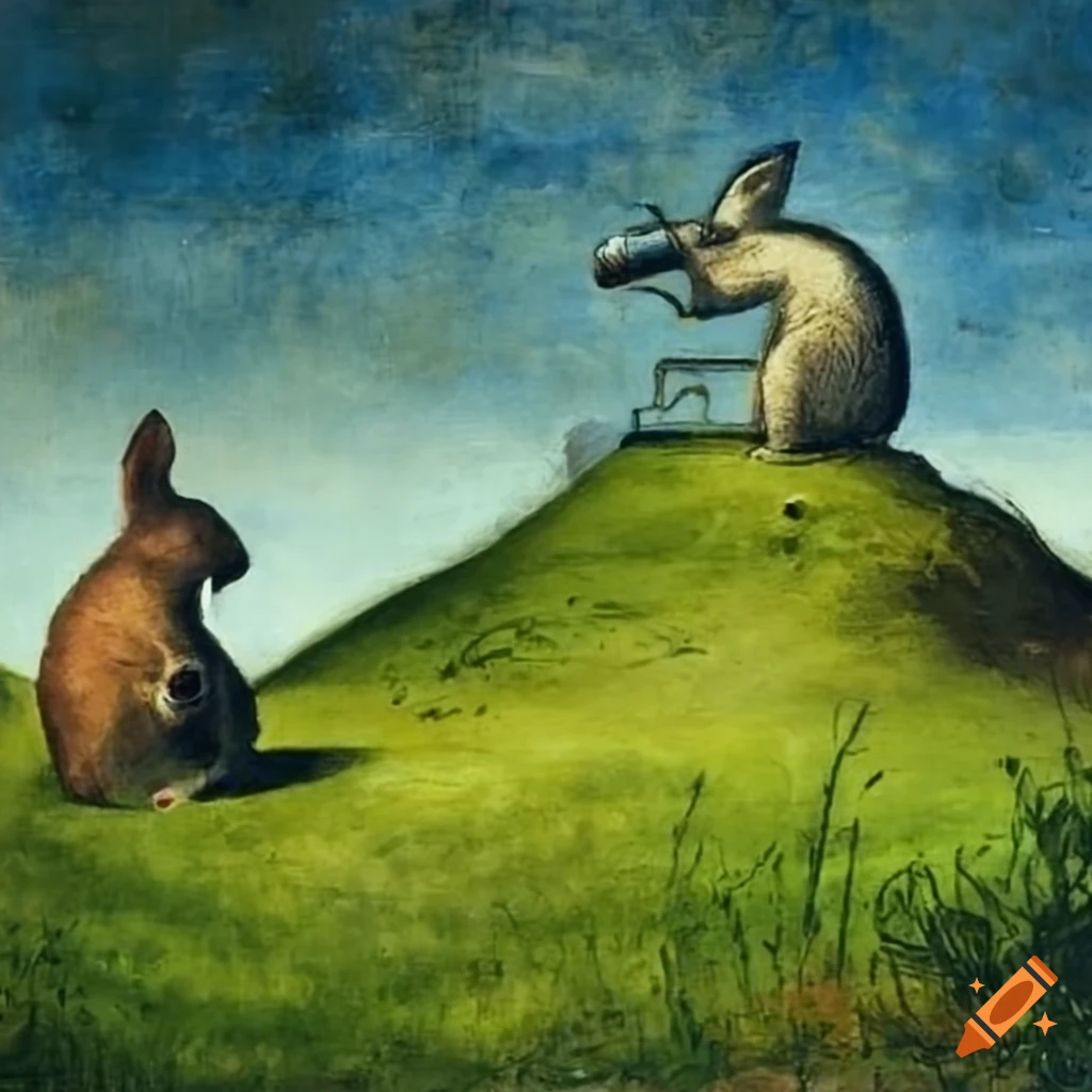 Medieval painting of a rabbit with a telescope on a grassy hill on Craiyon
