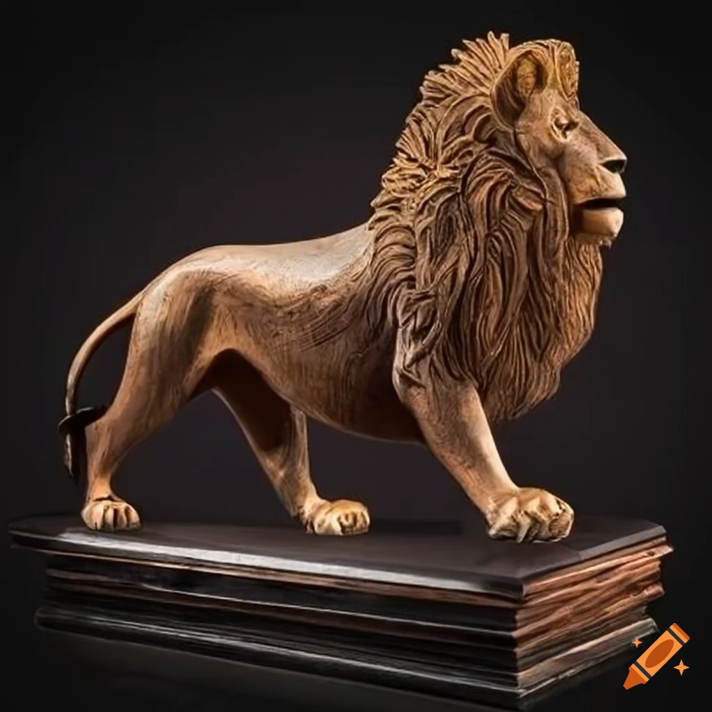 Full-body lion figure carved on dark ebony wood desk with African ...