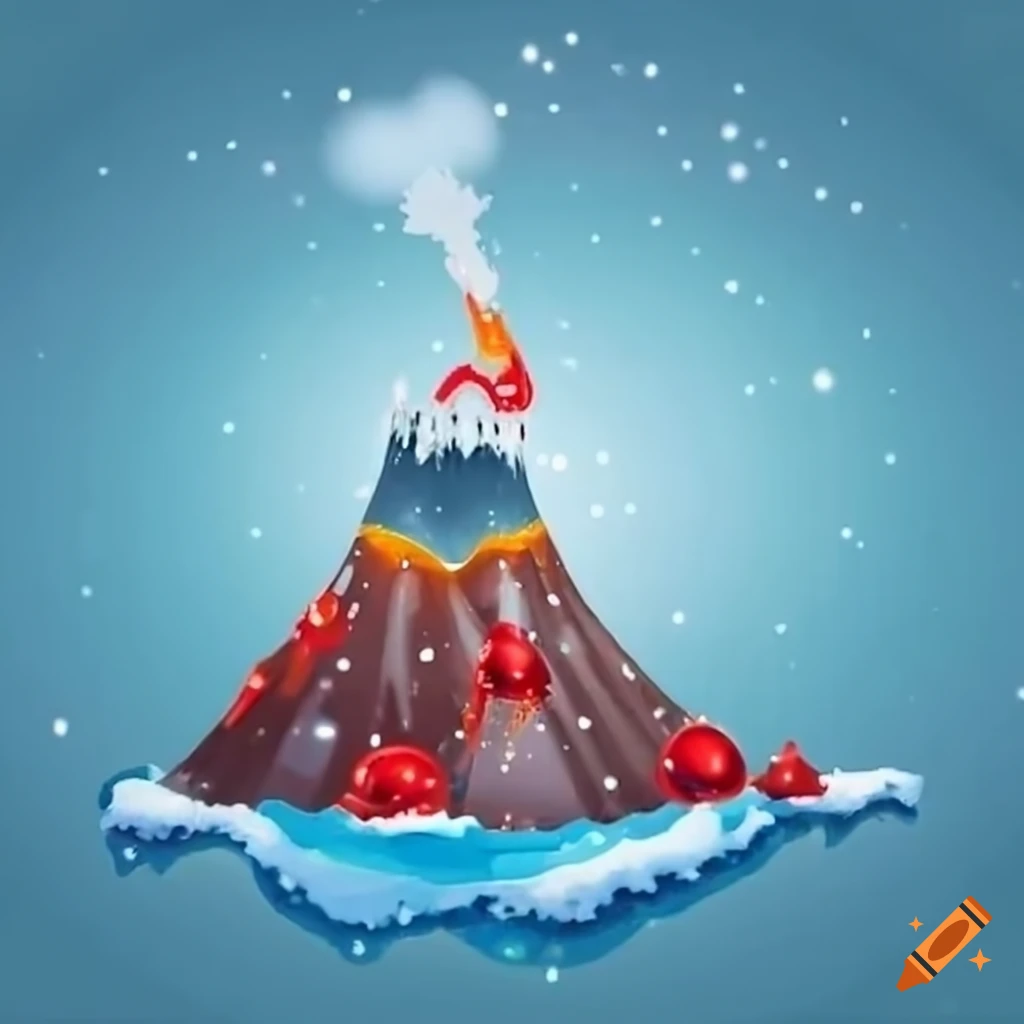 Decorated christmas tree with snow in front of a volcano on Craiyon