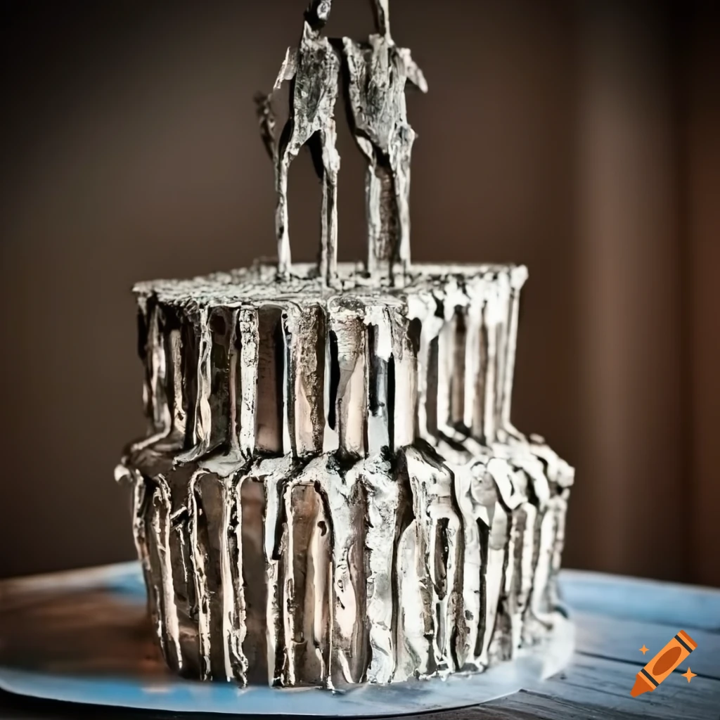Metal brutalist sculpture of a wedding cake on Craiyon