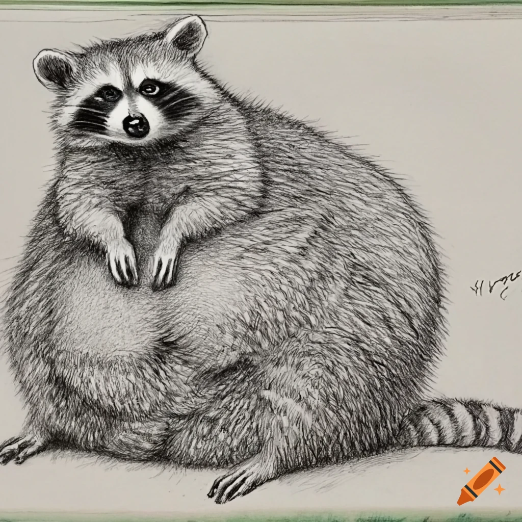 Chubby raccoon with a big belly lying on a carpet in a detailed pencil ...